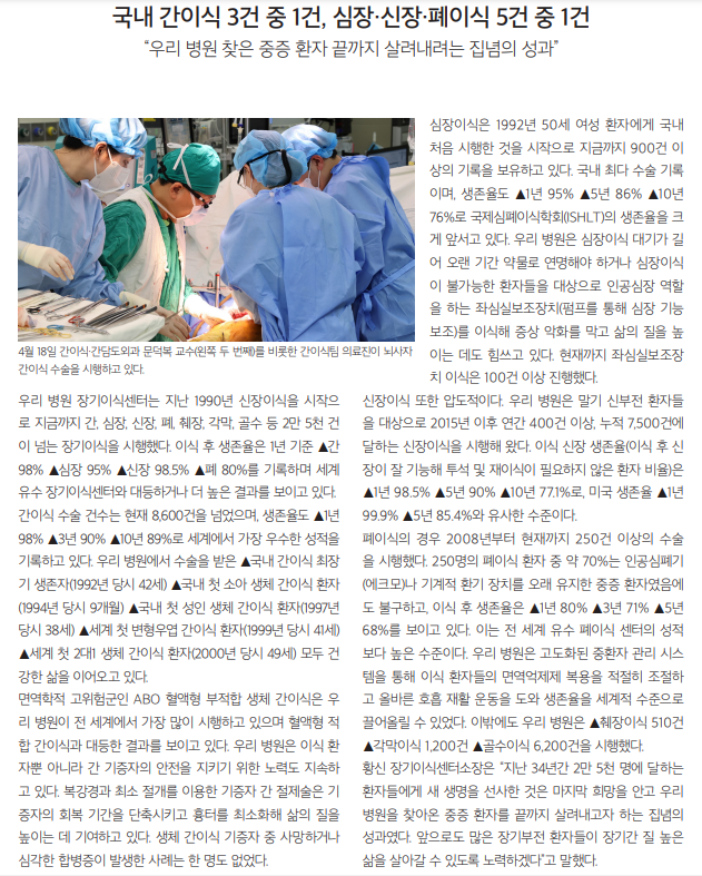 34년 장기이식의 역사 2만 5천 명에게 새 생명 국내 간이식 3건 중 1건 심장 신장 폐이식 5건 중 1건